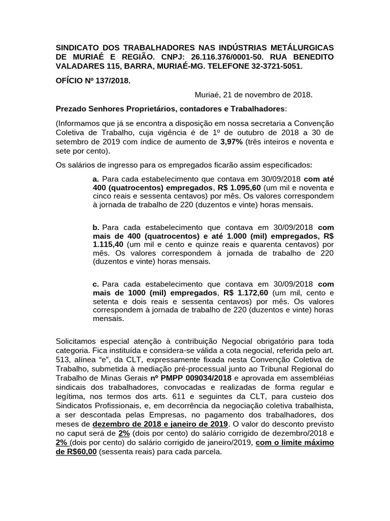 officio da CCT 2018-2019 | PDF | Sindicato | Salário