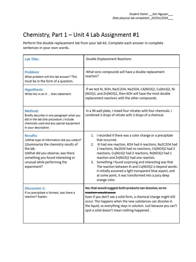 Ken Nguyen-24 - 10 - 2024Chem.P1 - Unit4-Lab#1 Double Replacement | PDF | Chemical Reactions ...
