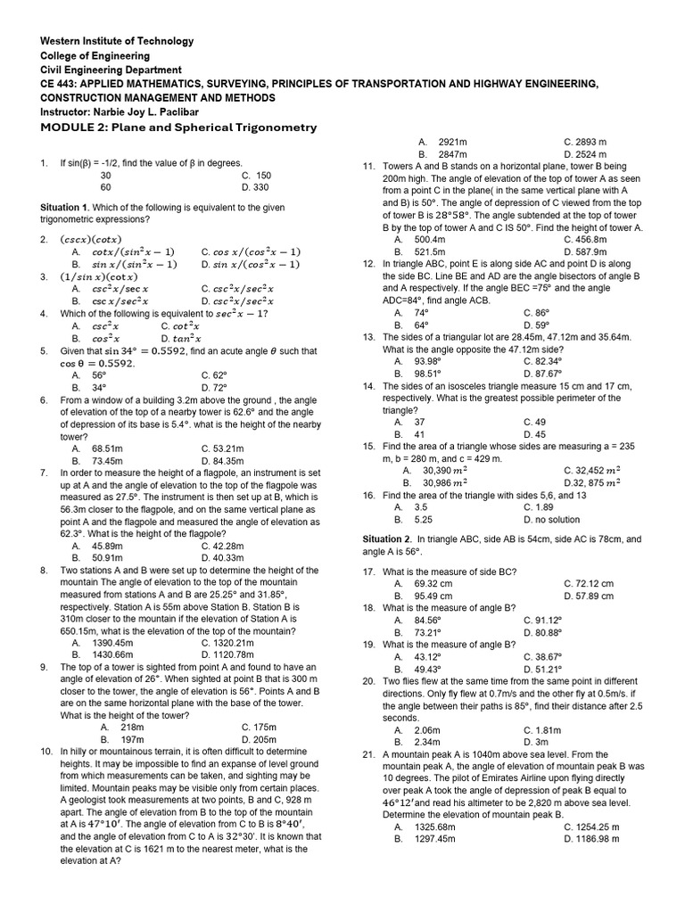 MODULE 2_PART2_PLANE AND SPHERICAL TRIGONOMETRY_NOCOM | PDF | Trigonometry | Angle