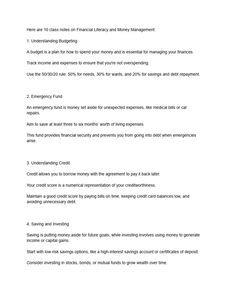 10 Class Notes On Financial Literacy and Money Management | PDF ...