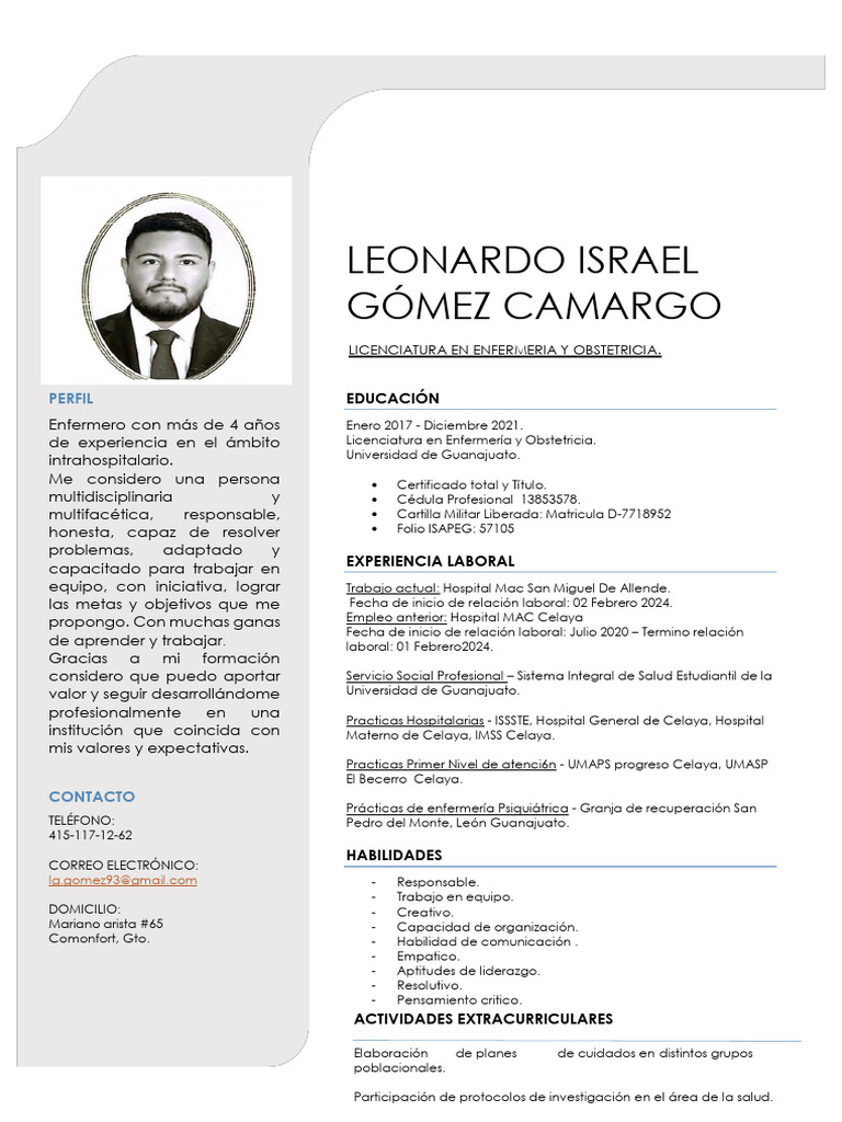 Curriculum Vitae Leonardo Israel Gomez Camargo Actualizado | PDF | Enfermería | Menstruación