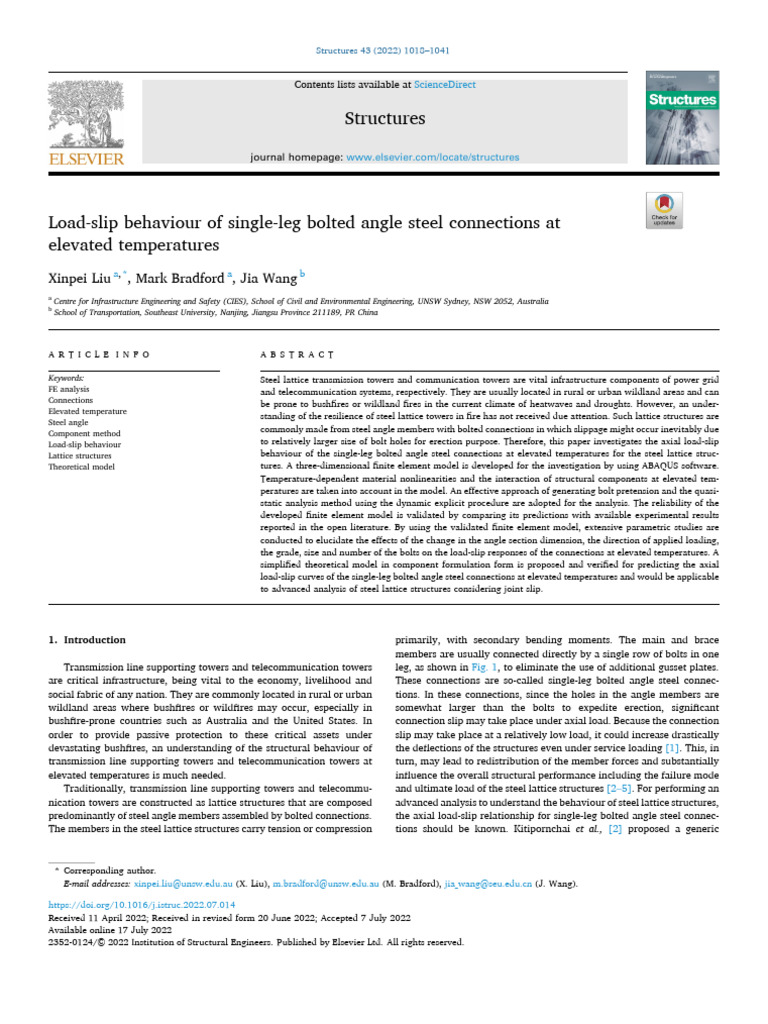 Load-Slip Behaviour of Single-Leg Bolted Angle Steel Connections at ...
