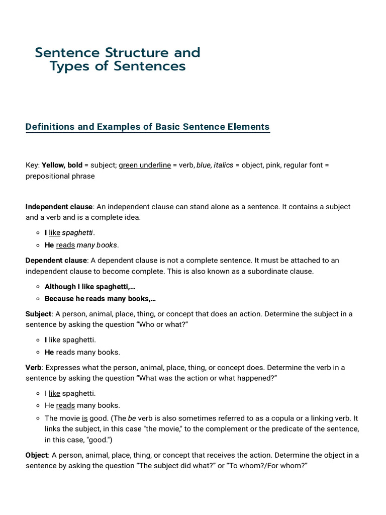 Sentence Structure and Types of Sentences - Grammar - Academic G | PDF ...