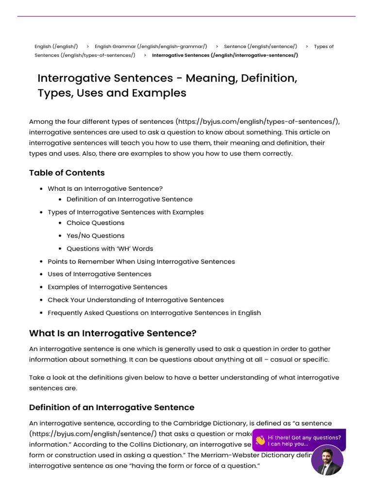 Interrogative Sentences - Meaning, Definition, Types, Uses and E | PDF ...