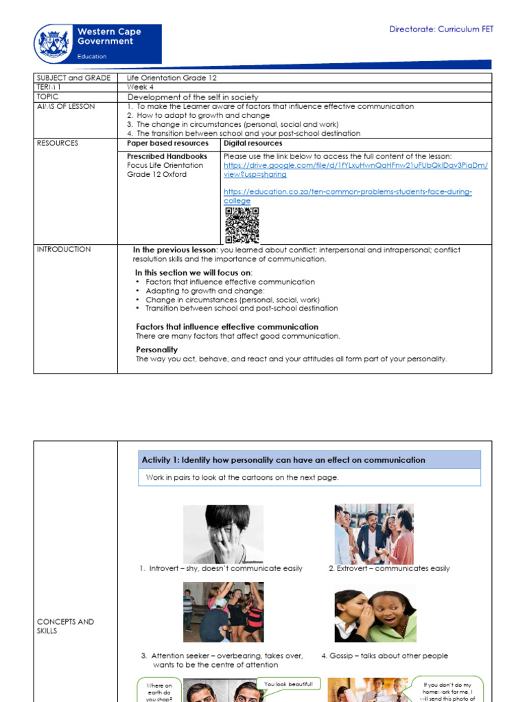 Life Orientation Grade 12 Term 1 Week 4 - 2021 | PDF | Communication | Extraversion And Introversion