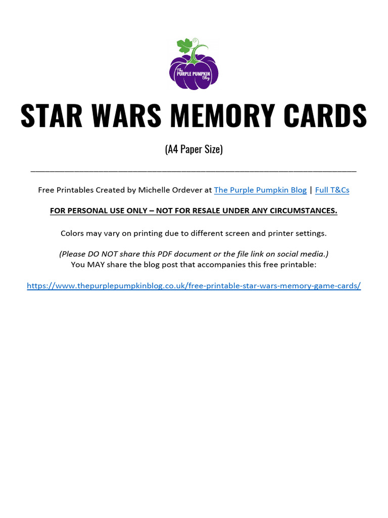 TPPB Free Printable Star Wars Matching Game Cards A4 | PDF