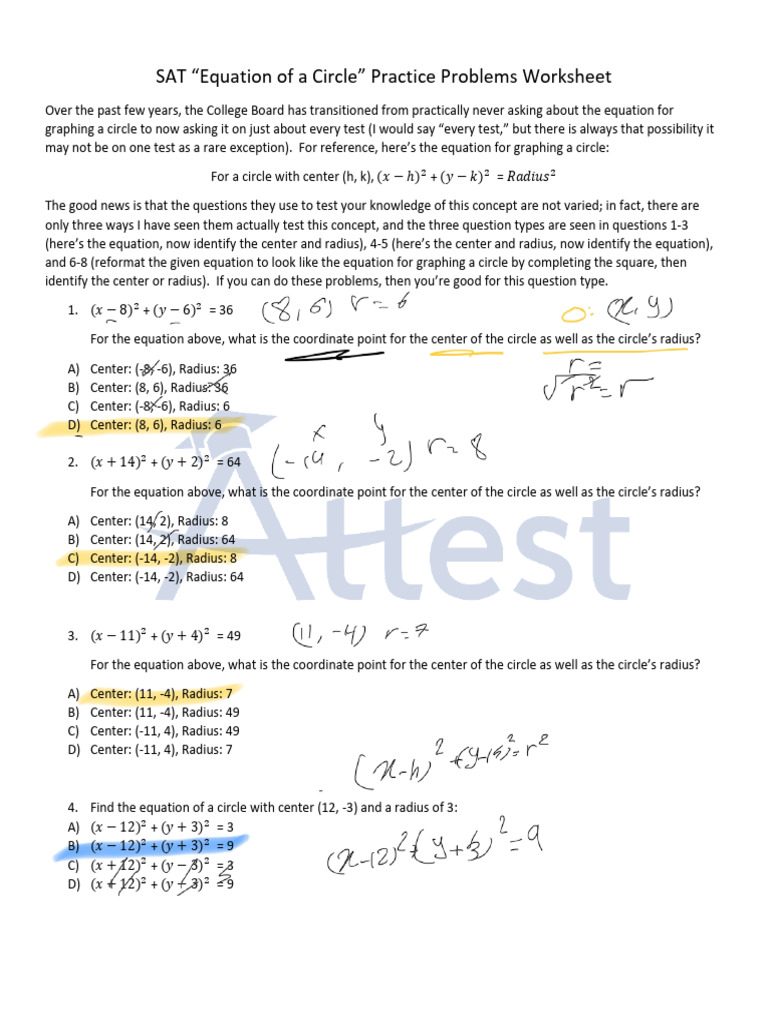 SAT Circle Equation Practice Worksheet | PDF | Radius | Equations