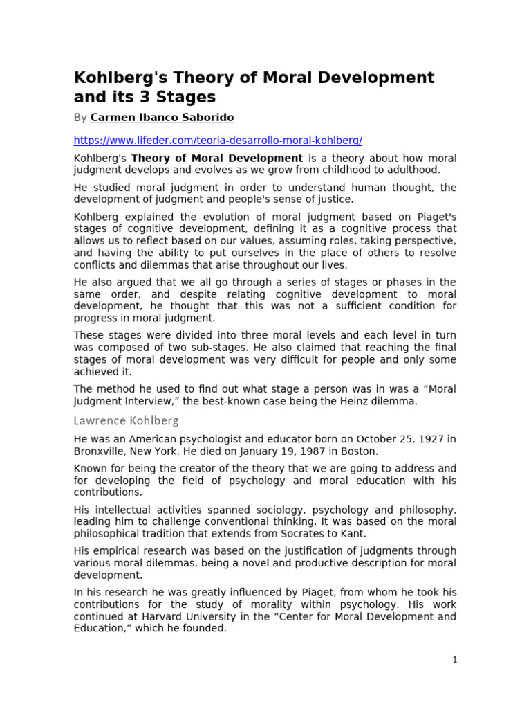 "Kohlberg's Theory of Moral Development and Its 3 Stages" | PDF ...