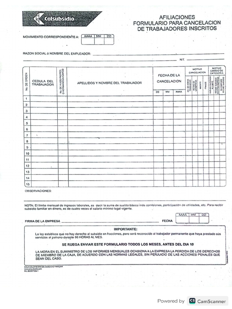 Formulario para Cancelación Colsubsidio | PDF
