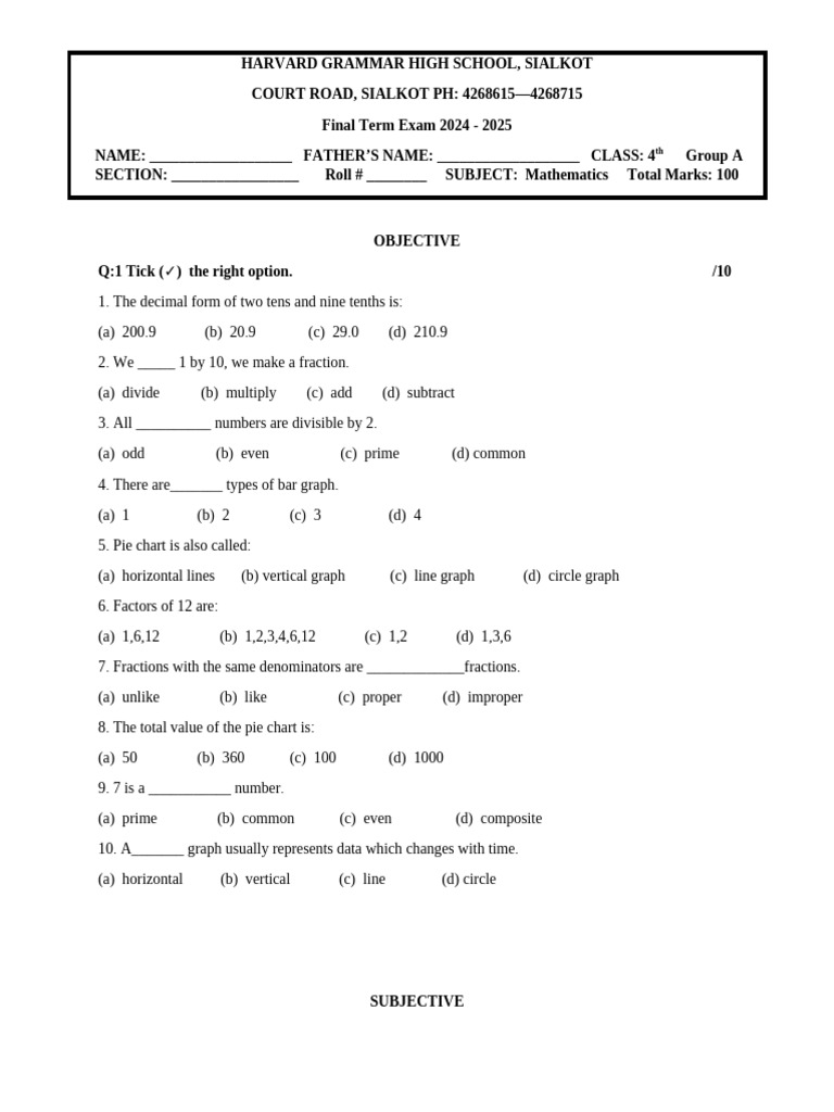 4th Maths Final Term Exam 2025 Group (A) | PDF | Numbers | Elementary ...