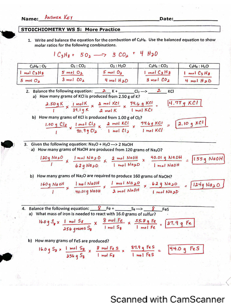 KEY - Stoichiometry WS 5 More Practice | PDF