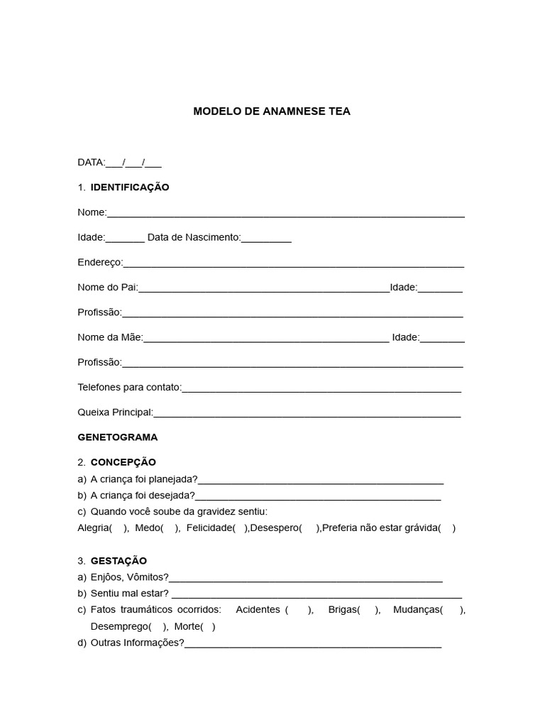 Modelo de Anamnese - Tea | PDF | Transtorno de déficit de atenção e ...