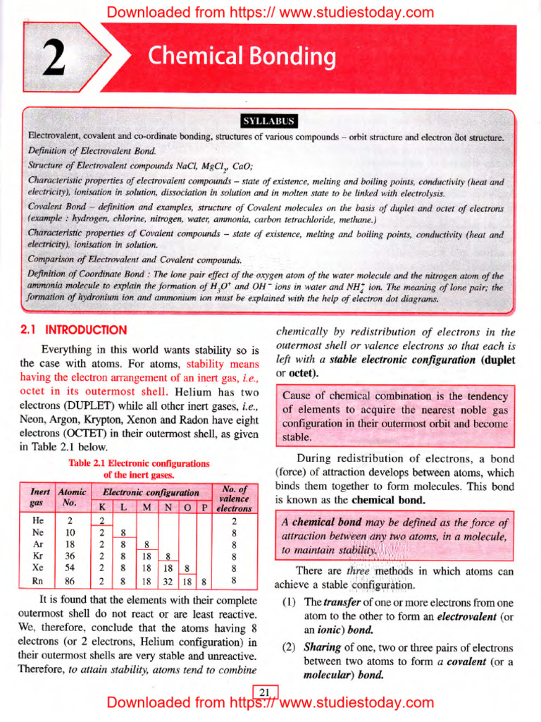 ICSE Class 10 Chemistry Chapter 02 Chemical Bonding | PDF