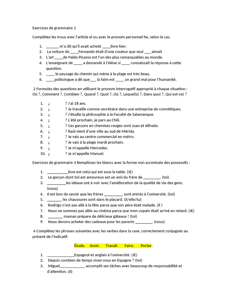 Exercices de grammaire 1 | PDF