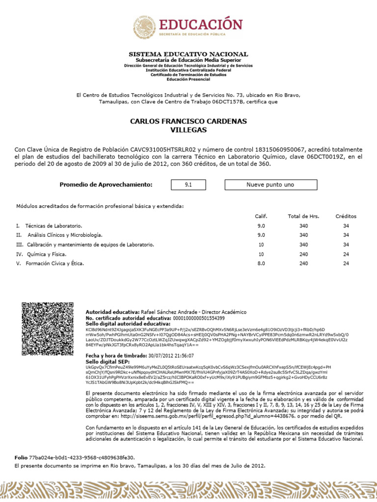 CERTIFICADO Cbtis | PDF | Plan de estudios