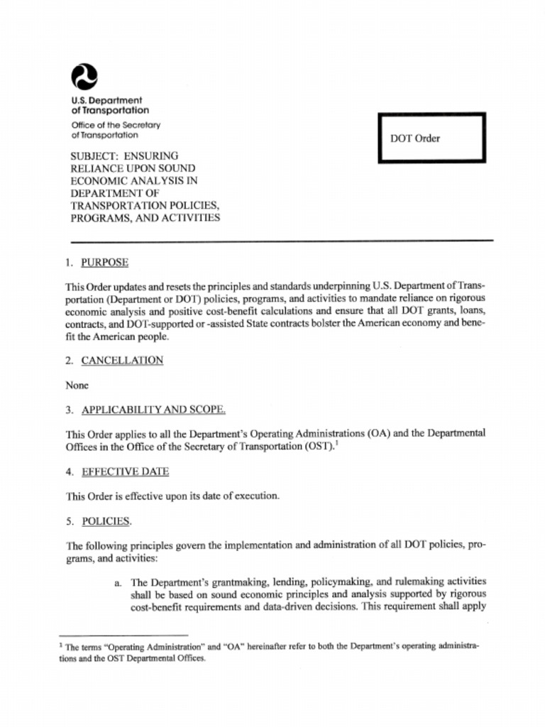 Signed DOT Order Re - Ensuring Reliance Upon Sound Economic Analysis in Department of ...