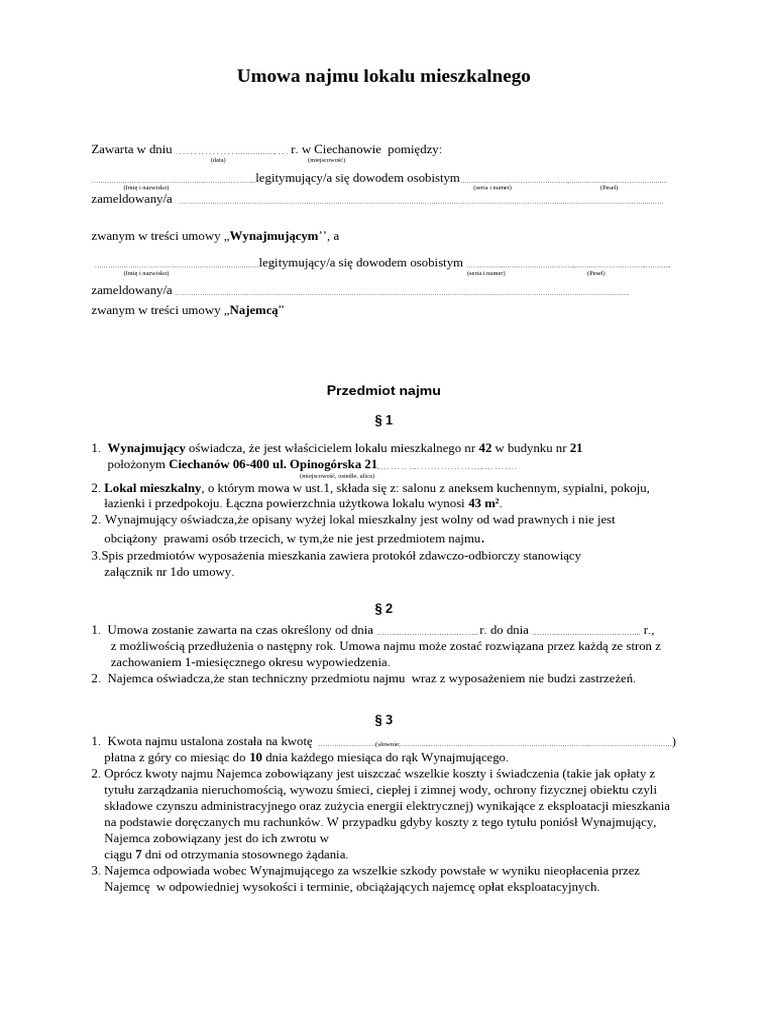 Umowa Wynajmu Mieszkania | PDF