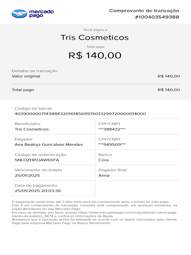 Comprovante de Pagamento Boleto | PDF