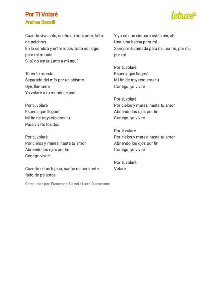 POR TI VOLARÉ - Andrea Bocelli (Impresión) | PDF
