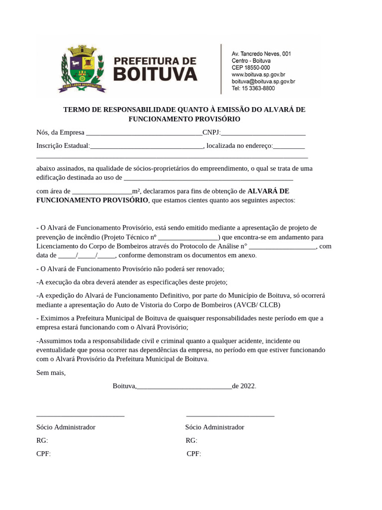 Termo de Responsabilidade Alvará Provisório | PDF