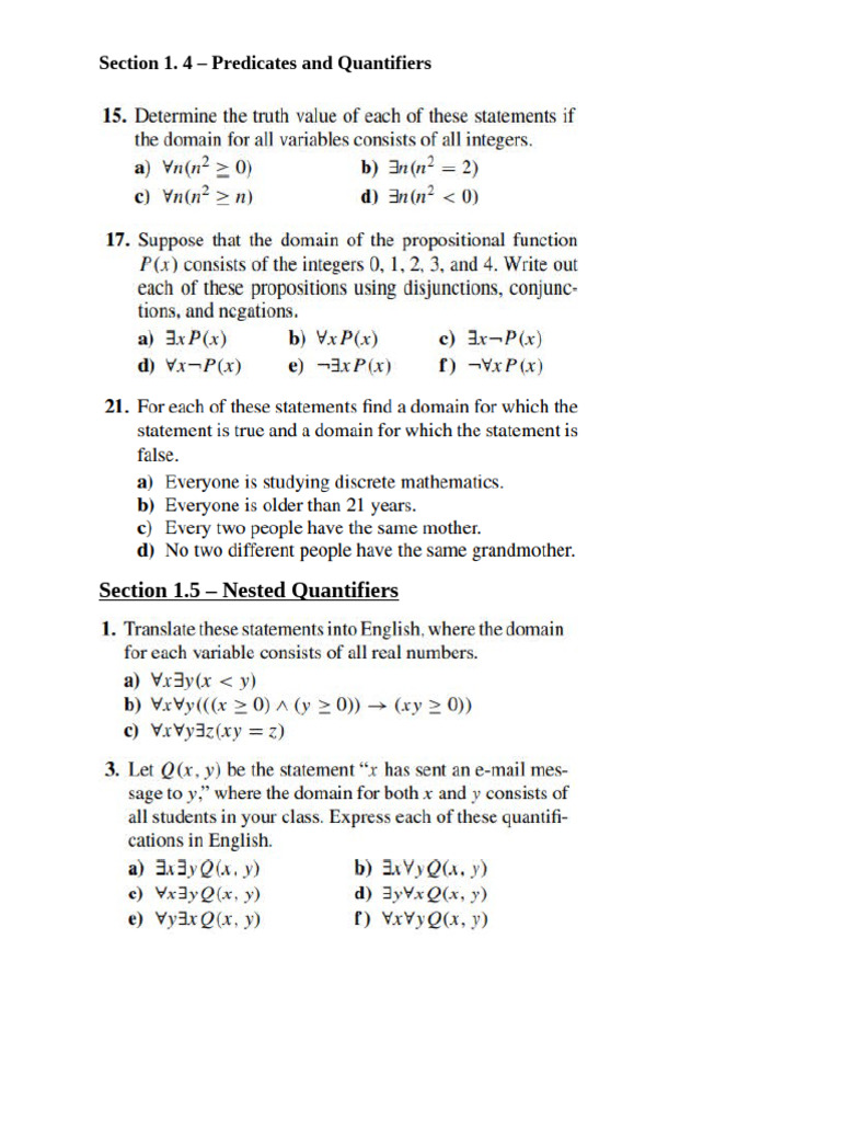 Predicates and Quantifiers - Textbook Questions | PDF