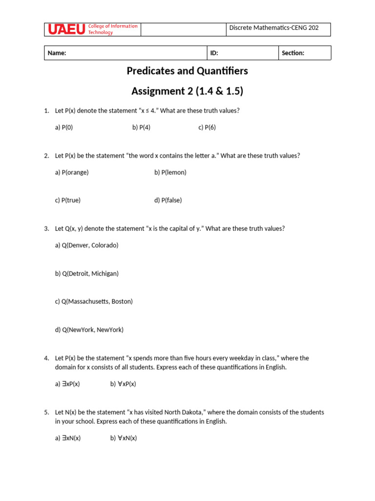 Assignment 2-Predicates and Quantifiers | PDF