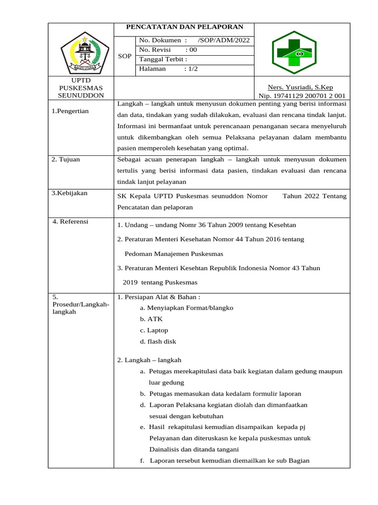 SOP Pencatatan Dan Pelaporan | PDF