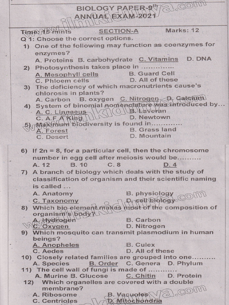 Bannu Board 9th Class Biology Objective Past Papers 2021 English Medium ...