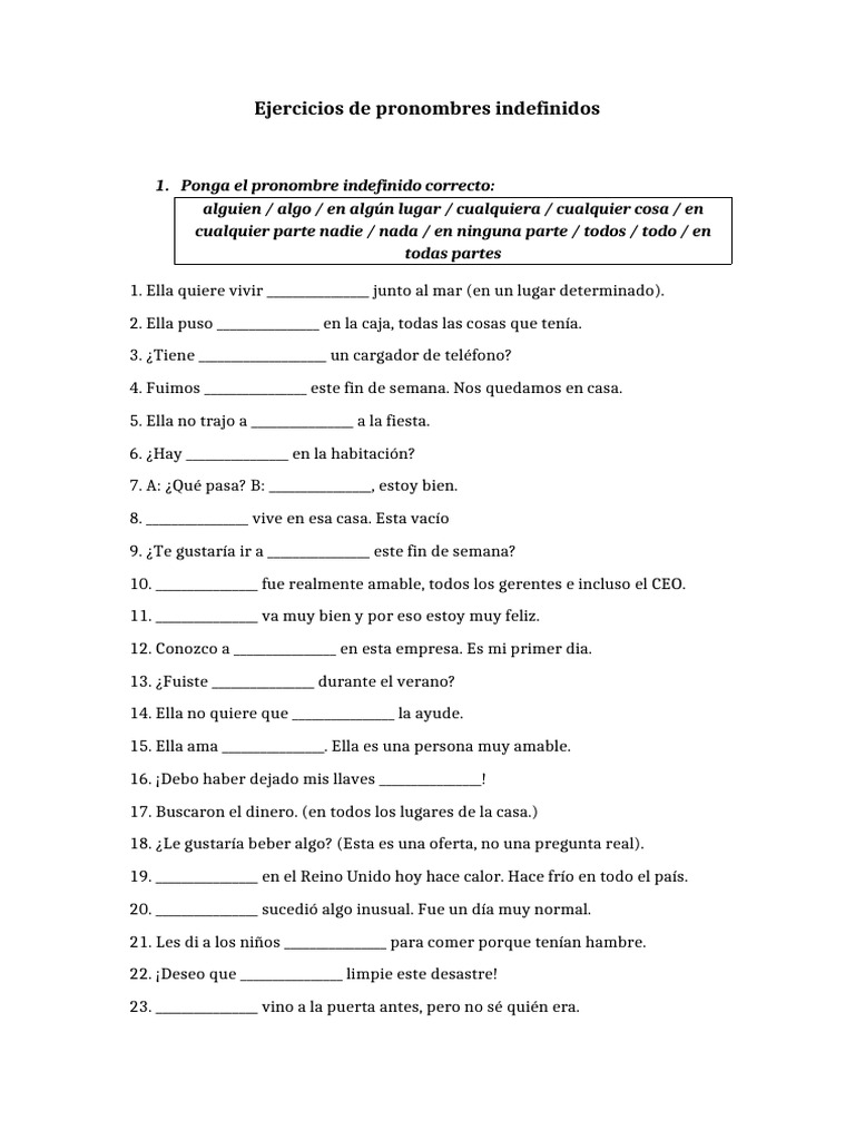 Ejercicios de Pronombres Indefinidos | PDF
