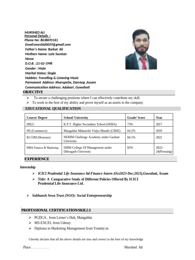 Murshed Ali MBA Finance & Marketing | PDF