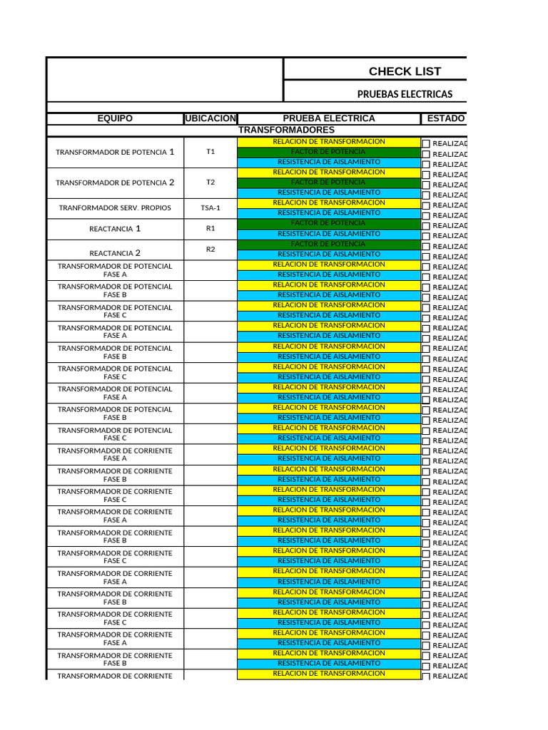 CHECK LIST PRUEBAS ELECTRICAS | PDF | Transformador | Energia electrica
