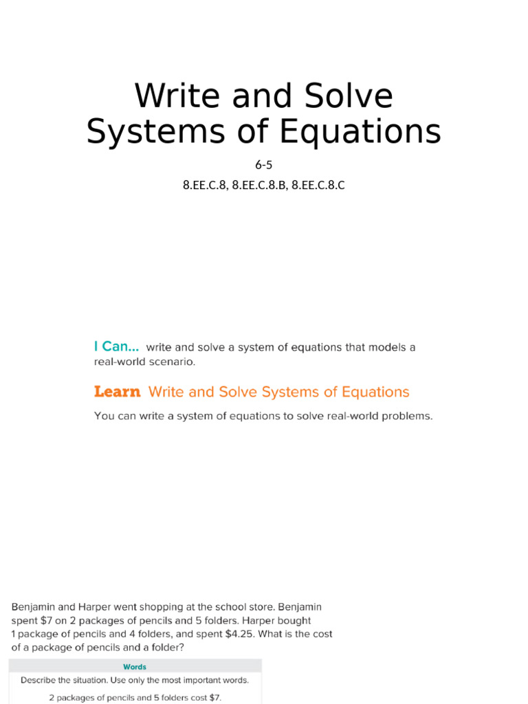 6-5 Lesson Write and Solve Systems of Equations (Reveal) | PDF