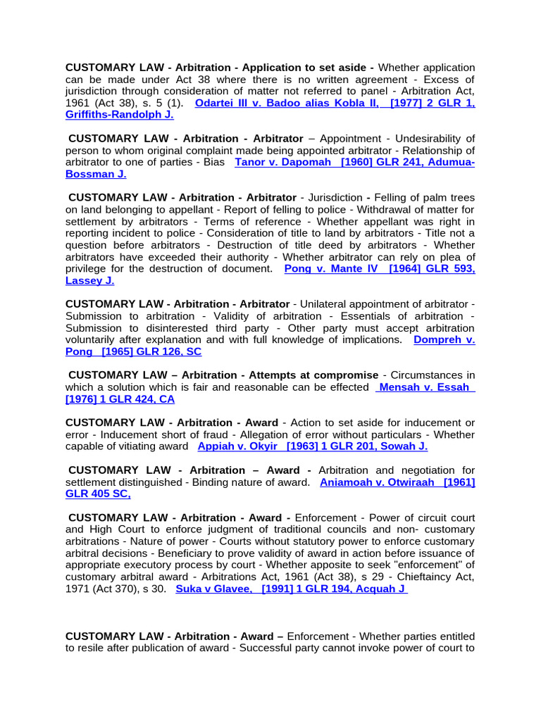 Customary Law Arbitration Case Summaries | PDF | Arbitration | Arbitral ...