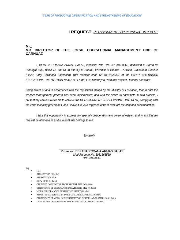 Request For Reassignment Due To Personal Interest | PDF