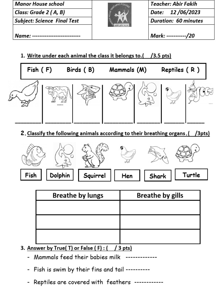 Grade 2 Science Animal Classification Test | PDF