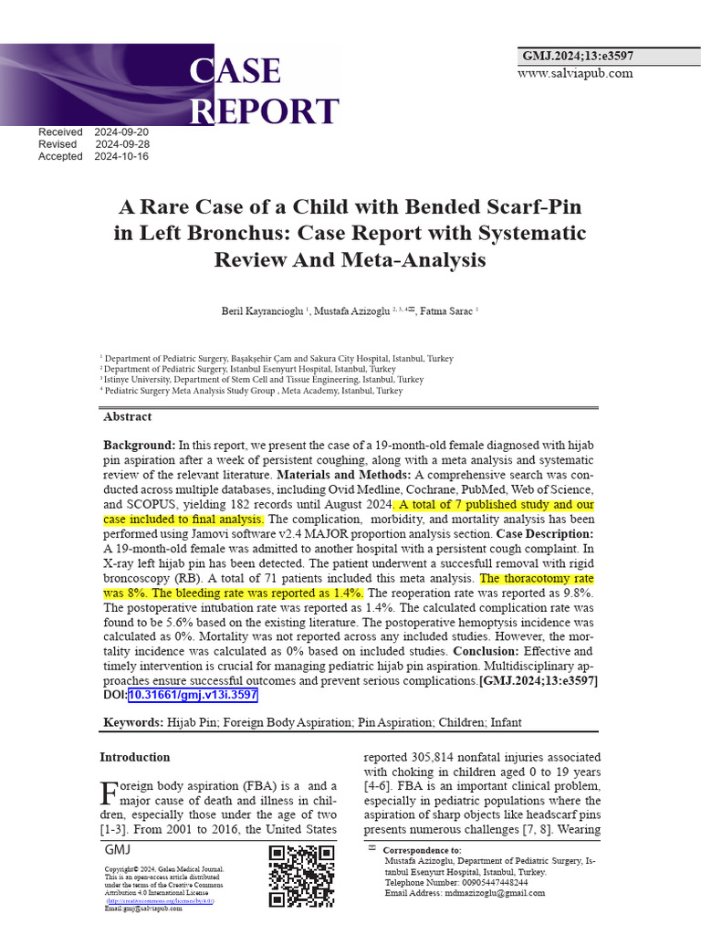 A Rare Case of A Child With Bended Scarf-Pin in Left Bronchus Case Report With Systematic Review ...
