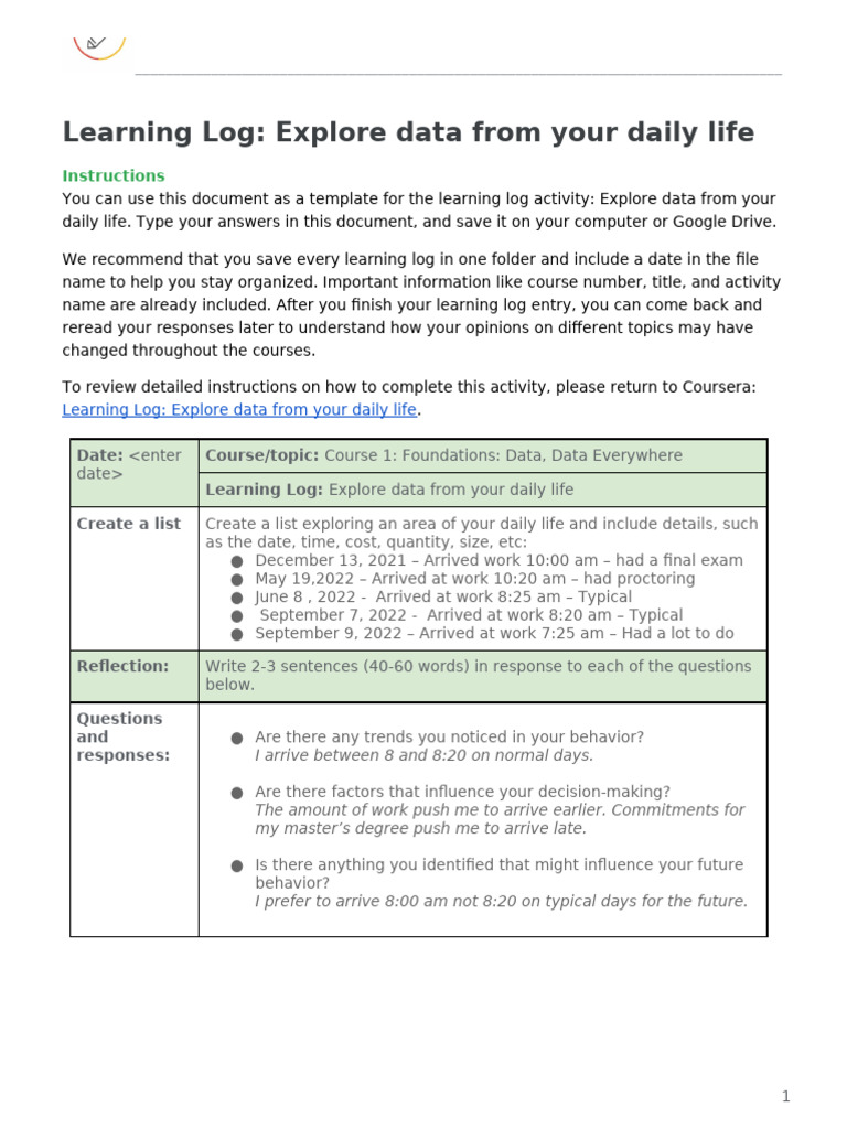 03-Learning Log - Explore Data From Your Daily Life | PDF