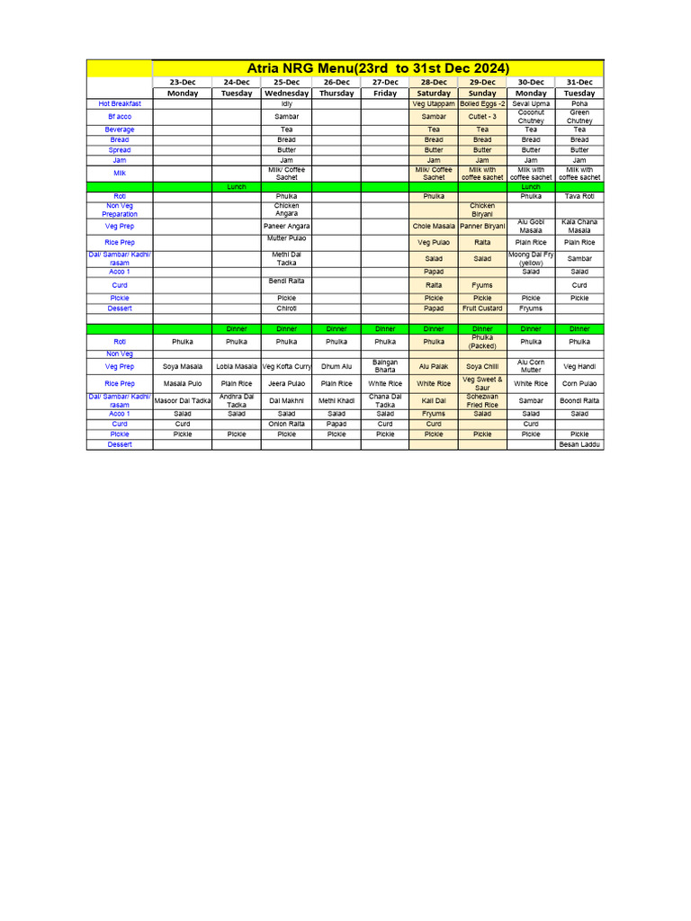AU Menu 23th Dec To 31st Dec | PDF | Lunch | Pickling