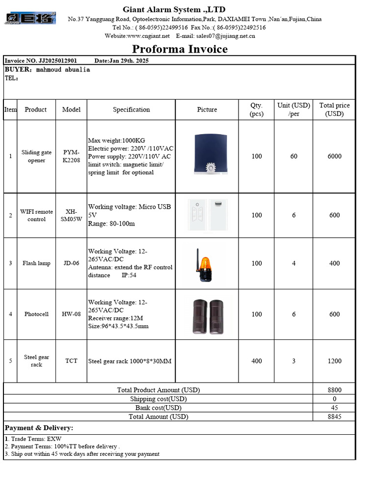 Proforma Invoice for Alarm System Products | PDF | Electricity | Power ...