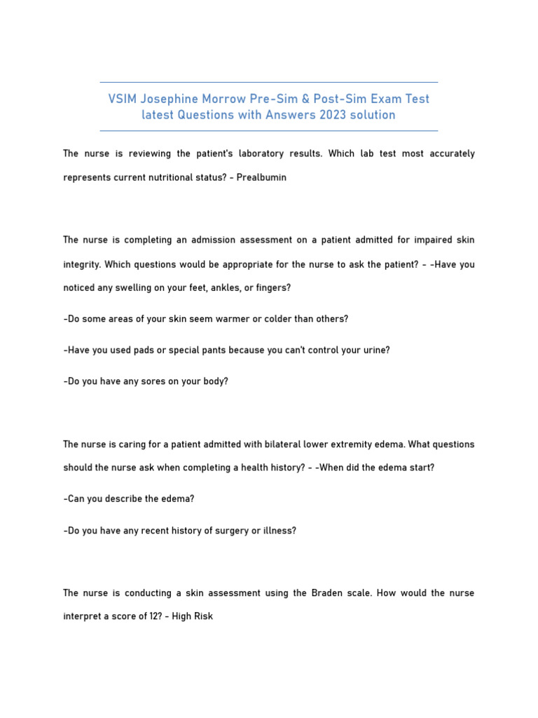 VSIM Josephine Morrow Pre-Sim & Post-Sim Exam Test Latest Questions ...