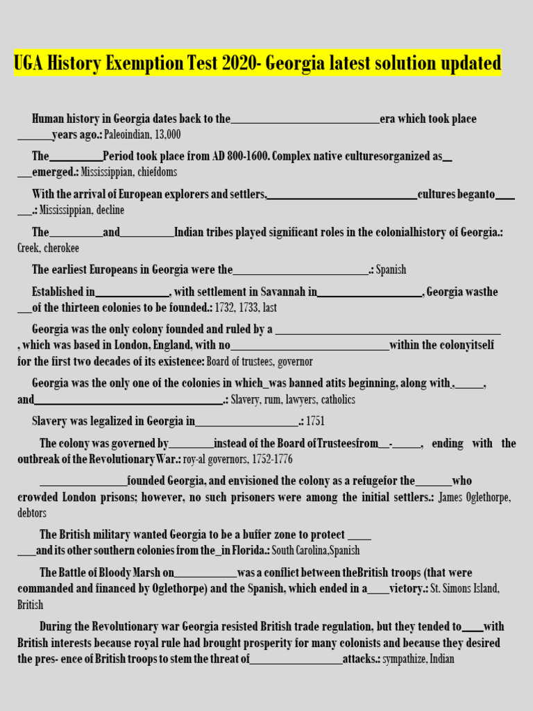 UGA History Exemption Test 2020 - Georgia Latest Solution Updated | PDF ...