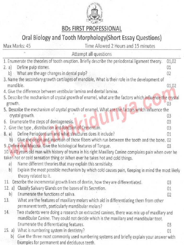 UHS Past Papers BDS Oral Biology and Tooth Morphology 2013 | PDF