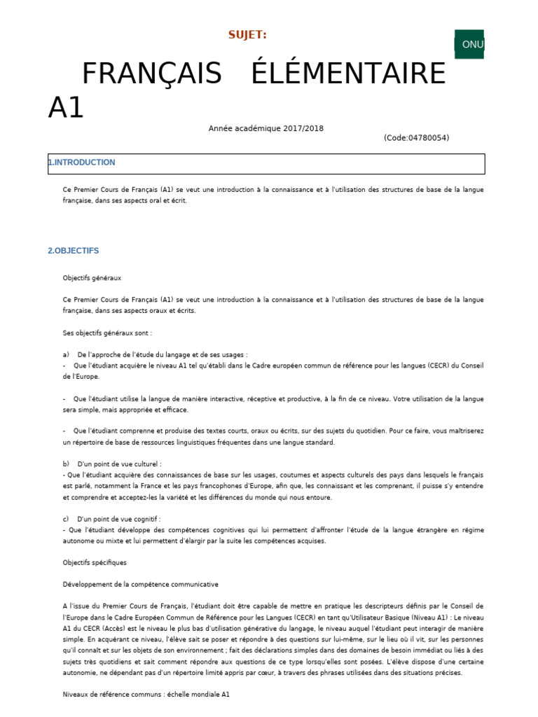 Cours de Français A1 : Introduction et Objectifs | PDF | Phrase | Pédagogie
