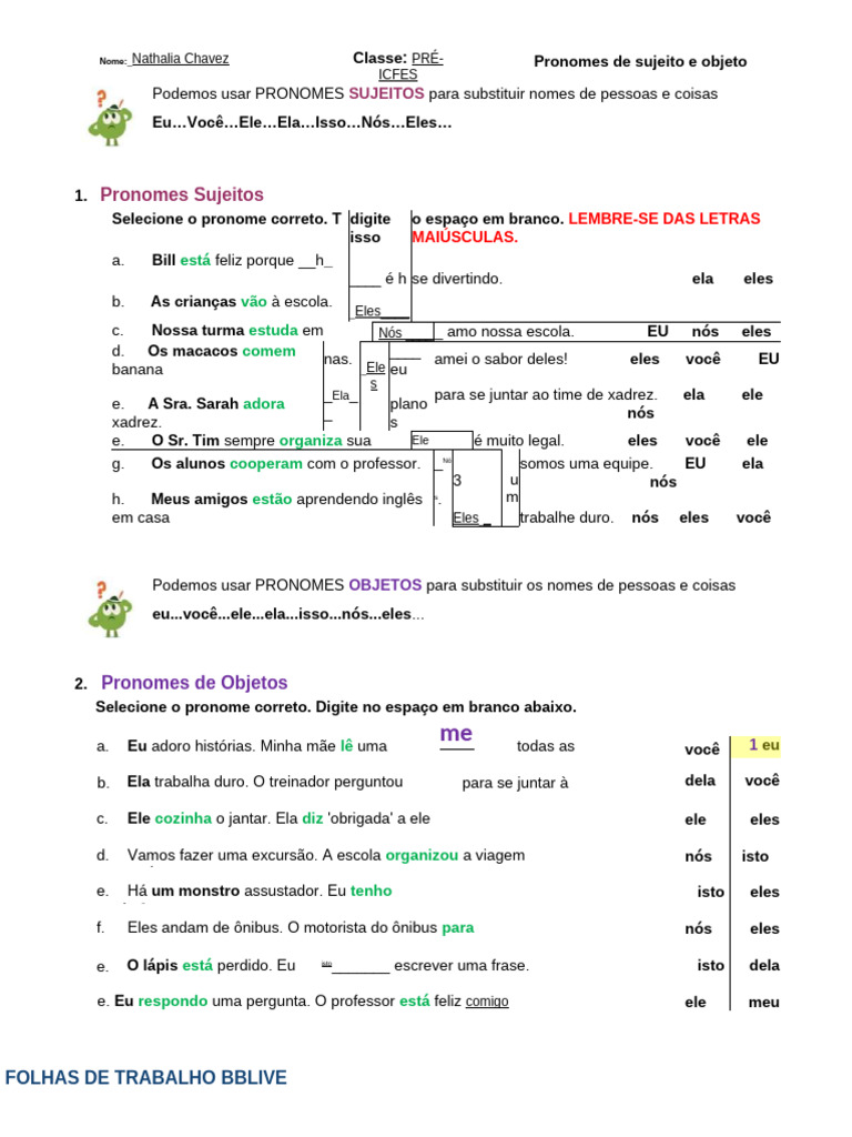 Pronomes: Sujeito e Objeto | PDF | Pronome