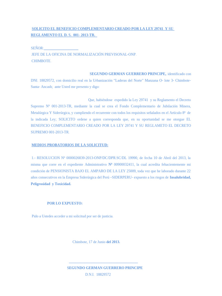 Solicitud de Beneficio Ley 29741 ONP | PDF