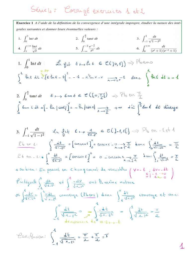 TD - Intégrales Impropres (Corrigé Ex 1& 2) | PDF