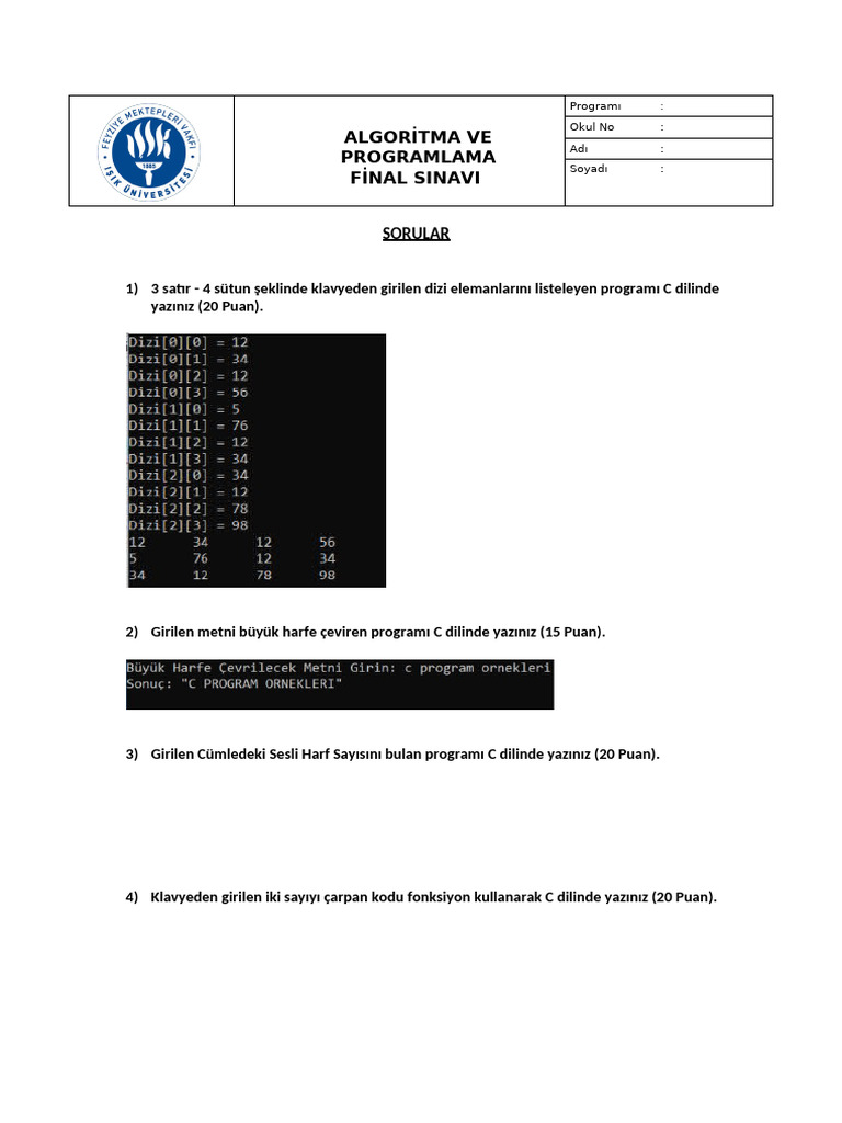 Algoritma Ve Programlama-Mazeret | PDF