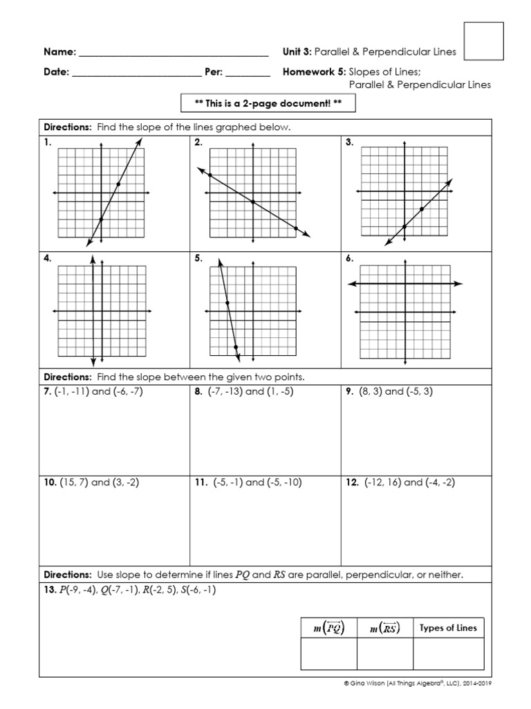 3.3 Slopes of Parallel and Perpendicular Lines CW | PDF | Geometry ...