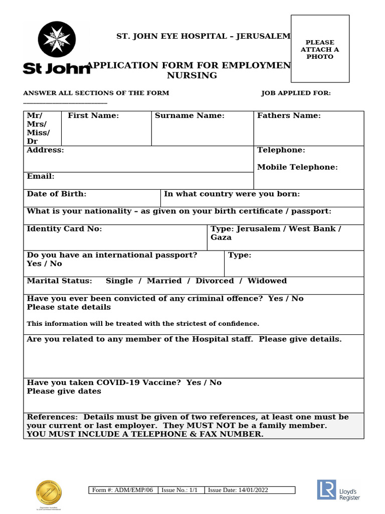 St. John Eye Hospital Nursing Application | PDF