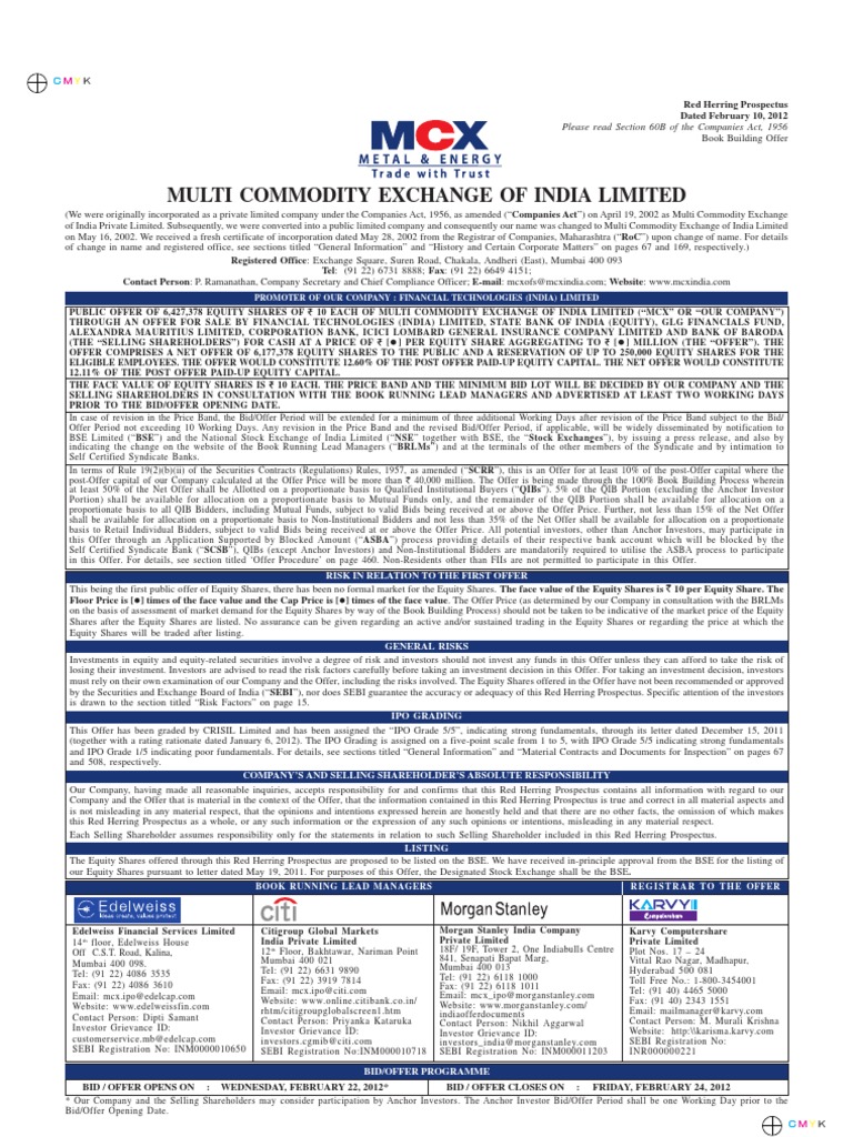 IPO - MCX Prospectus | PDF | Stocks | Securities (Finance)